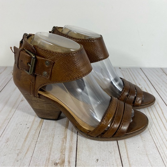 Frye | Shoes | Frye Reina Open Back Zip Brown Leather Sandal Heels 7 ...